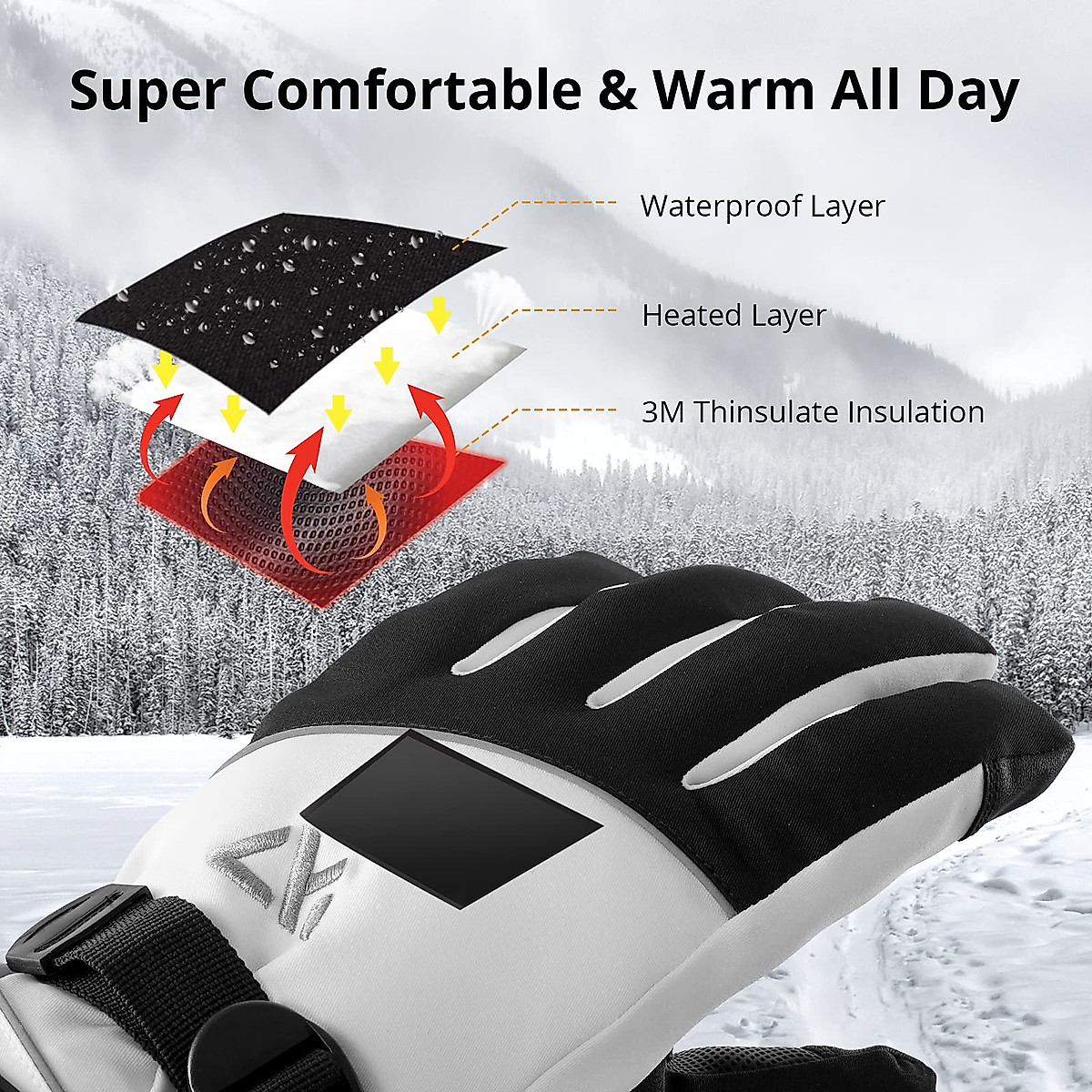 AKASO Heated Gloves for Men Women, Electric Heated Ski Gloves with 3 Heating Modes, Thermal Insulation Winter Hand Warmers with Rechargeable Battery-Overheating Protection- Best Gift, Black&White(XL)