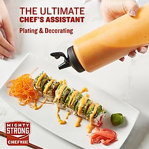 MIGHTY STRONG Condiment Squeeze Bottles for Sauces - 32 Oz Squirt Bottles for Liquids, Easy Pour Sauce Bottles with Leak Proof Snap Cap, Condiment Bottles, Plastic Squeeze Bottles (Classic, 4, Count)