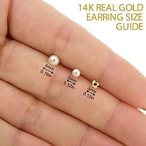 14K Solid Yellow Gold 3mm X-Small Tiny Swarovski Crystal White Pearl Stud Short Post Earrings for Girl Women