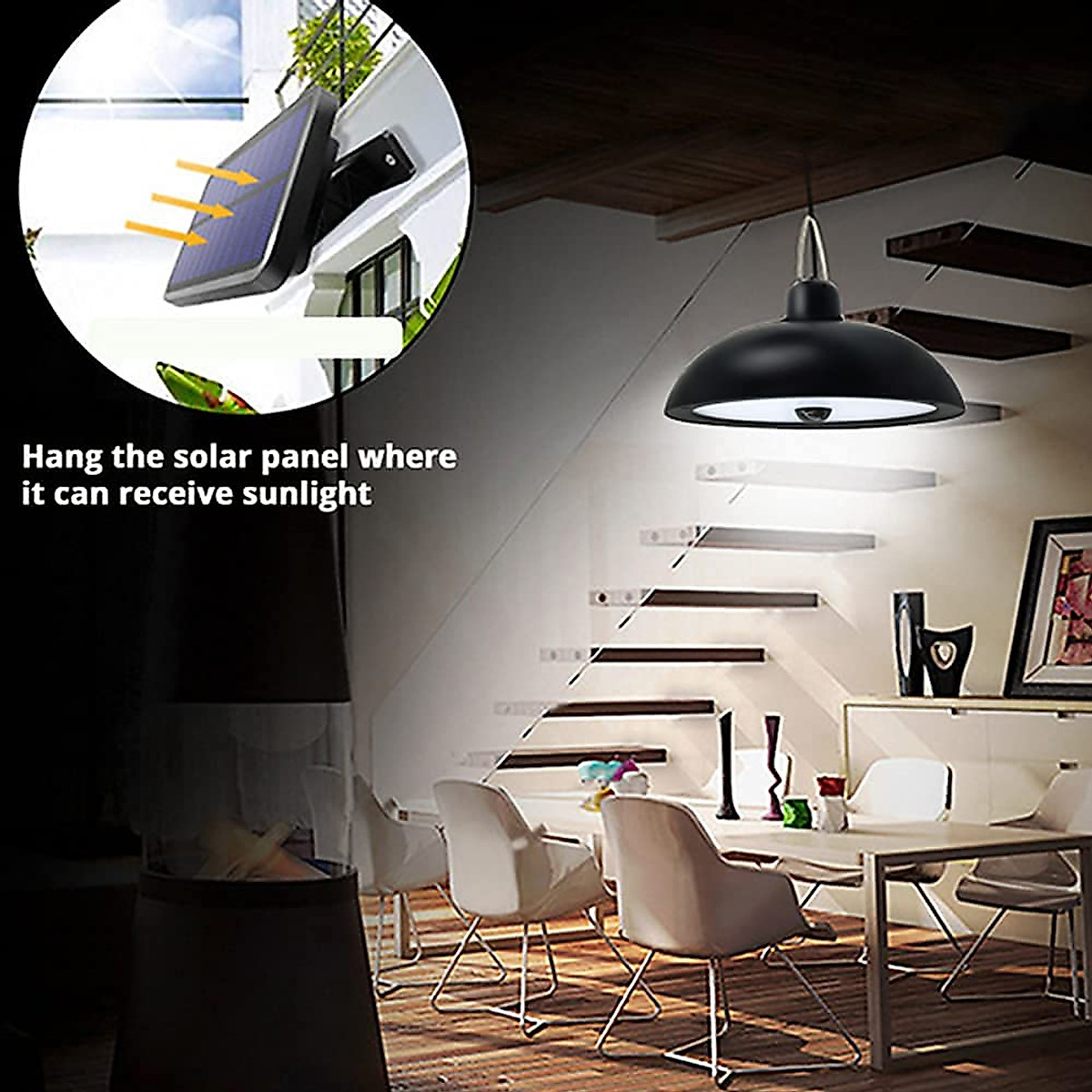 Aolyty Upgrade Solar Pendant Light with Double Head Shed Light 3 Working Modes Waterproof Solar Powered Hanging Lights with Remote Control Dimmable for Garden Yard Corridor Walkway Garage Driveway