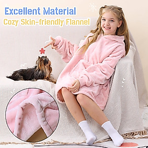 Aemilas Wearable Blanket Hoodie, Oversized Flannel Blanket Sweatshirt with Hood Pocket and Sleeves, Cozy Warm Plush Hooded Blanket for Kids Youth Boys Girls, One Size Fits All (Light Pink), Big Kid