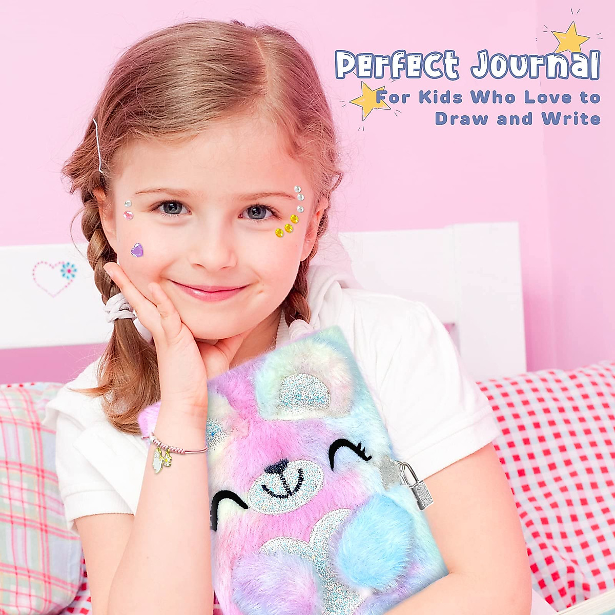 homicozy Bear Diary for Girls with lock and keys, Kids Journal School Travel Notebook Gift Set for Writing and Drawing,Plush Secret Diary with Multicolored Pen Stickers Purse Keychain