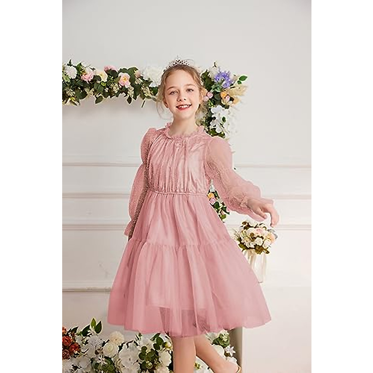 GRACE KARIN Girls Pink Dress Mesh Long Sleeve Flared Party Dresses Size 5-6 Fall Flower