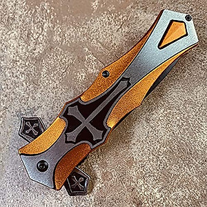 8" Folding Tactical Style Templar Knight Cross Folding Knife, Pocket Knife For Fishing, Camping, Daily Uses for Open Box, Cut Rope (Gold-440)