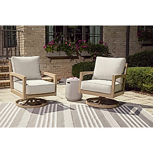 Signature Design by Ashley Hallow Creek Cottage Weather Resistant Outdoor Swivel Lounge with Cushion, Light Brown & Beige