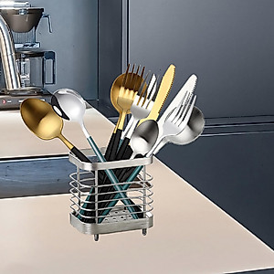 KEINEUX Utensil Holder Kitchen Countertop Organizer, Cutlery Drainer Sink Caddy Storage Drying Rack for Silverware Flatware and Cookware, Stainless Steel, Silver-4"