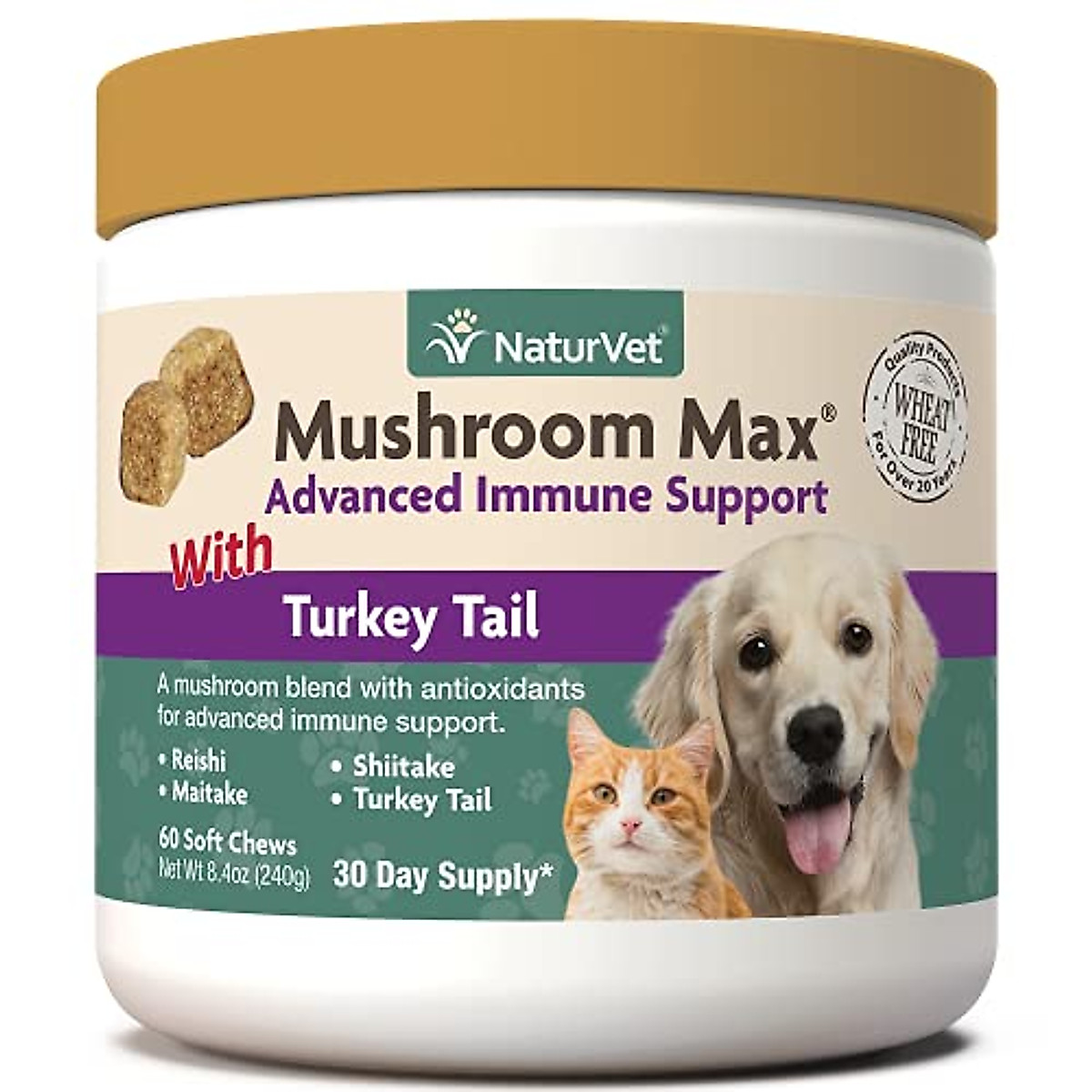 NaturVet Mushroom Max Advanced Immune Support Dog Supplement – Helps Strengthen Immunity, Overall Health for Dogs – Includes Shitake Mushrooms, Reishi, Turkey Tail – 60 Ct.