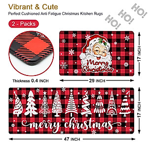 INFISIBLE Christmas Anti Fatigue Kitchen Rugs and Mats Set of 2, Red and Black Buffalo Plaid Kitchen Floor Mats Cushioned Non Slip Washable, Christmas Tree Kitchen Mat Santa Claus Xmas Decor