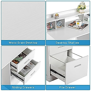 Karl home White Computer Desk with Drawers ＆ Hutch, Modern Home Office Desks with Storage for Kids Students Teens, Small Wood Table for Work Study Gaming Writing, PC Laptop Workstation