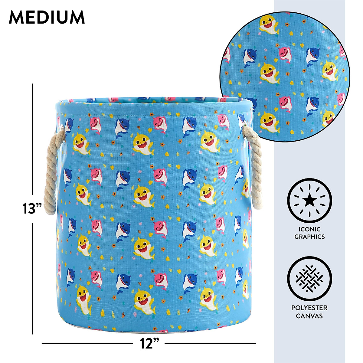 Idea Nuova Baby Shark 3 Piece Multi Size Fabric Nestable Toy Storage Basket Set, with Rope Carry Handles