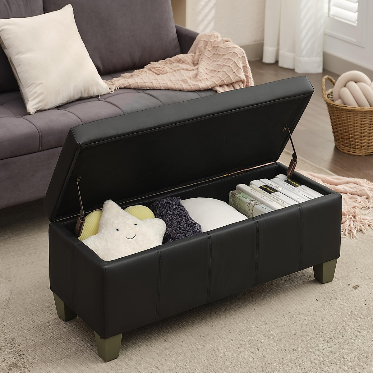 UDAX Black Faux Leather Ottoman with Storage, Rectangular Extra Long Storage Bench for Bedroom and Living Room