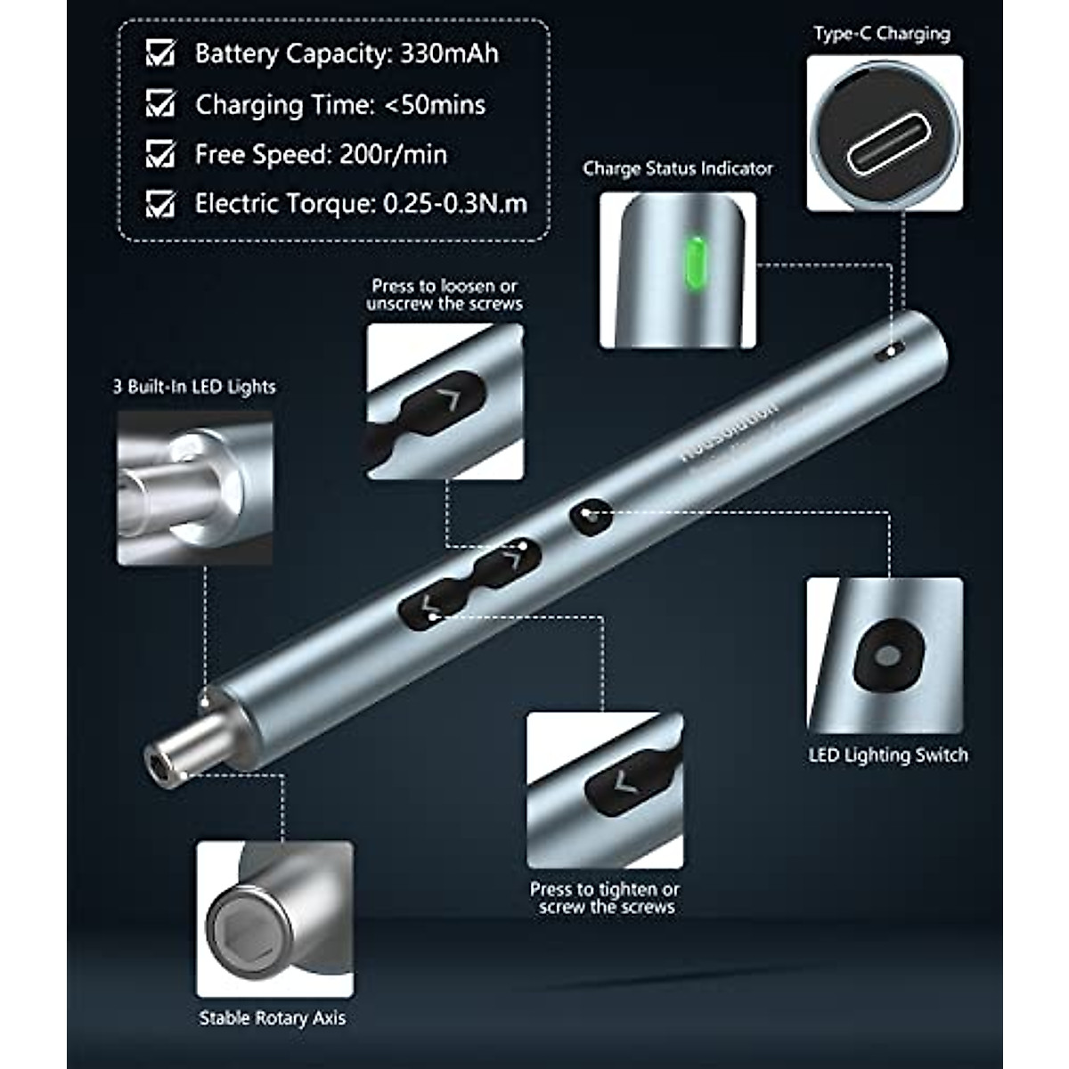 Housolution Mini Electric Screwdriver, 62 In 1 Magnetic Screwdriver with 48PCs Bits Small Cordless Electric Screwdriver Kit With Led Light, Handy Repair Tool for Phone Watch Camera Laptop, Gray