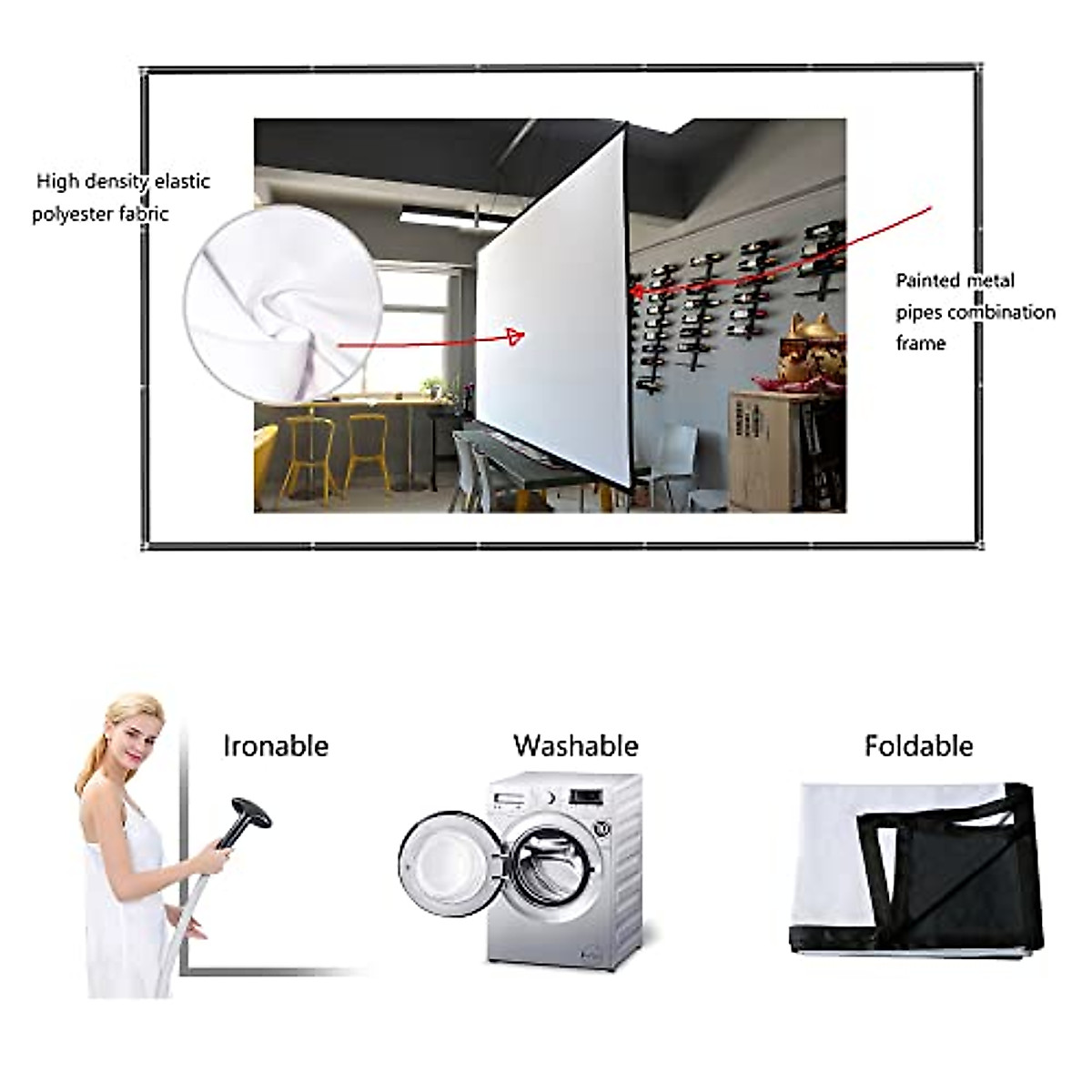 Yandood Foldable Projector Screen 100 inch with Combined Pole Frame 16:9 HD 4K Anti-Crease Black Backing Silver Portable Projection Screen 2022 Version