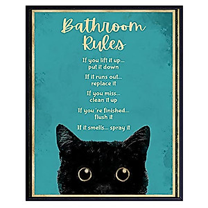 Bathroom Rules Wall Decor - Cat Bathroom Decor - Funny Bathroom Wall Art - Bath Wall Decor - Powder Room - Guest Bathroom - Restroom Sign - Blue Bathroom Decorations for Women, Kitty, Kitten Fan