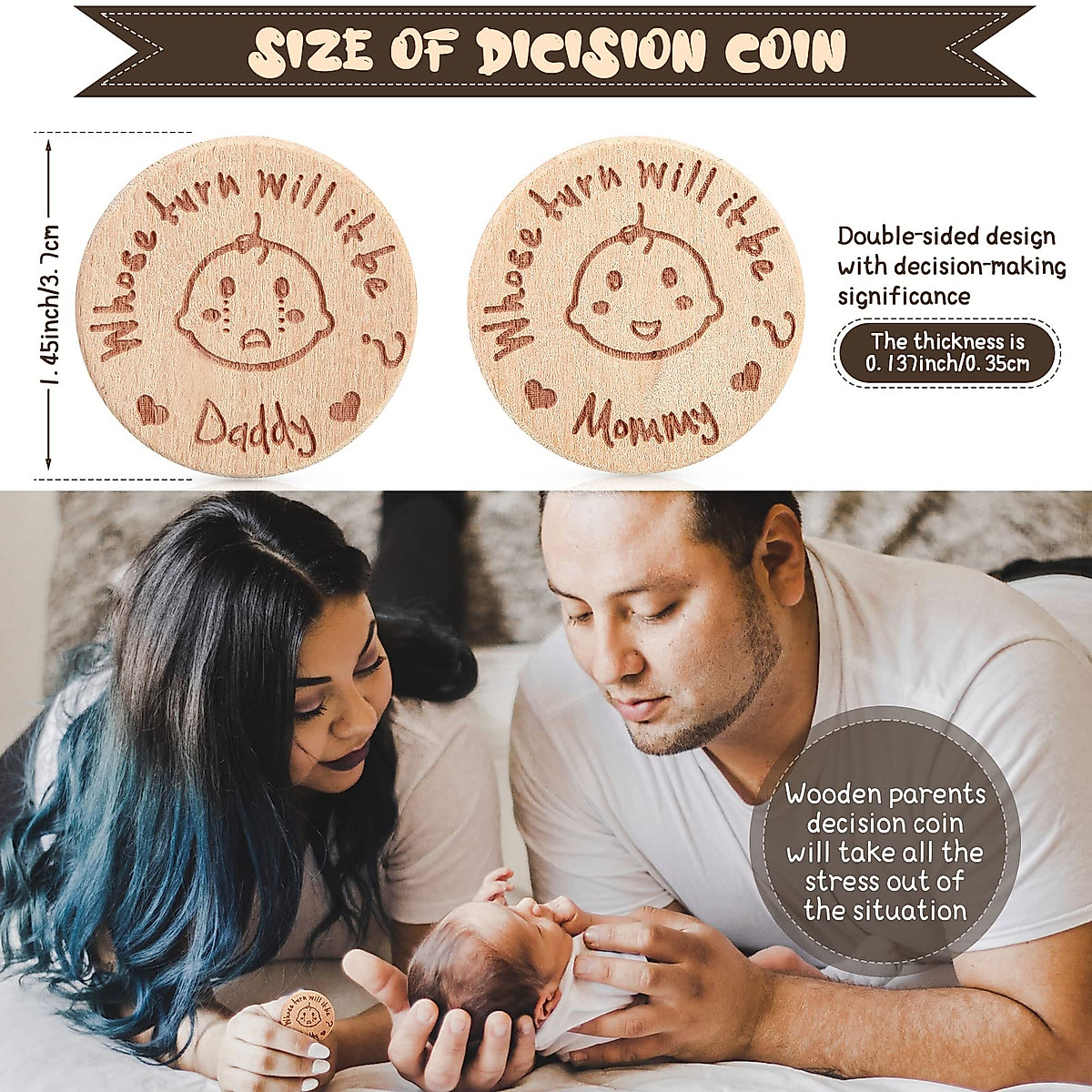 New Parents Gift First Parent Wooden Decision Coin Double Sided Flip Coin Mom Dad Turn Coin with Gift Box Storage Bag for New Mom Dad Pregnancy Baby Shower Birthday Present (Cute Style)