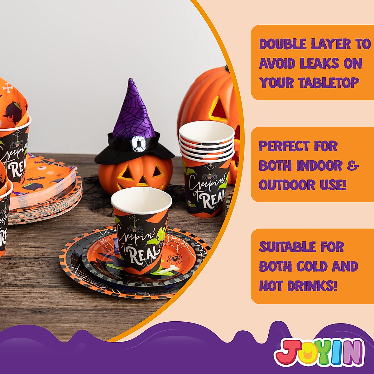 JOYIN 120 PCS Halloween Party Supplies Set with 30 Pcs Plastic Cups, 30 Pcs 9" Paper Plates, 30 Pcs 7" Plates and 30 Pcs Napkins (Serve 30), Halloween Themed Tableware Set Party Decorations