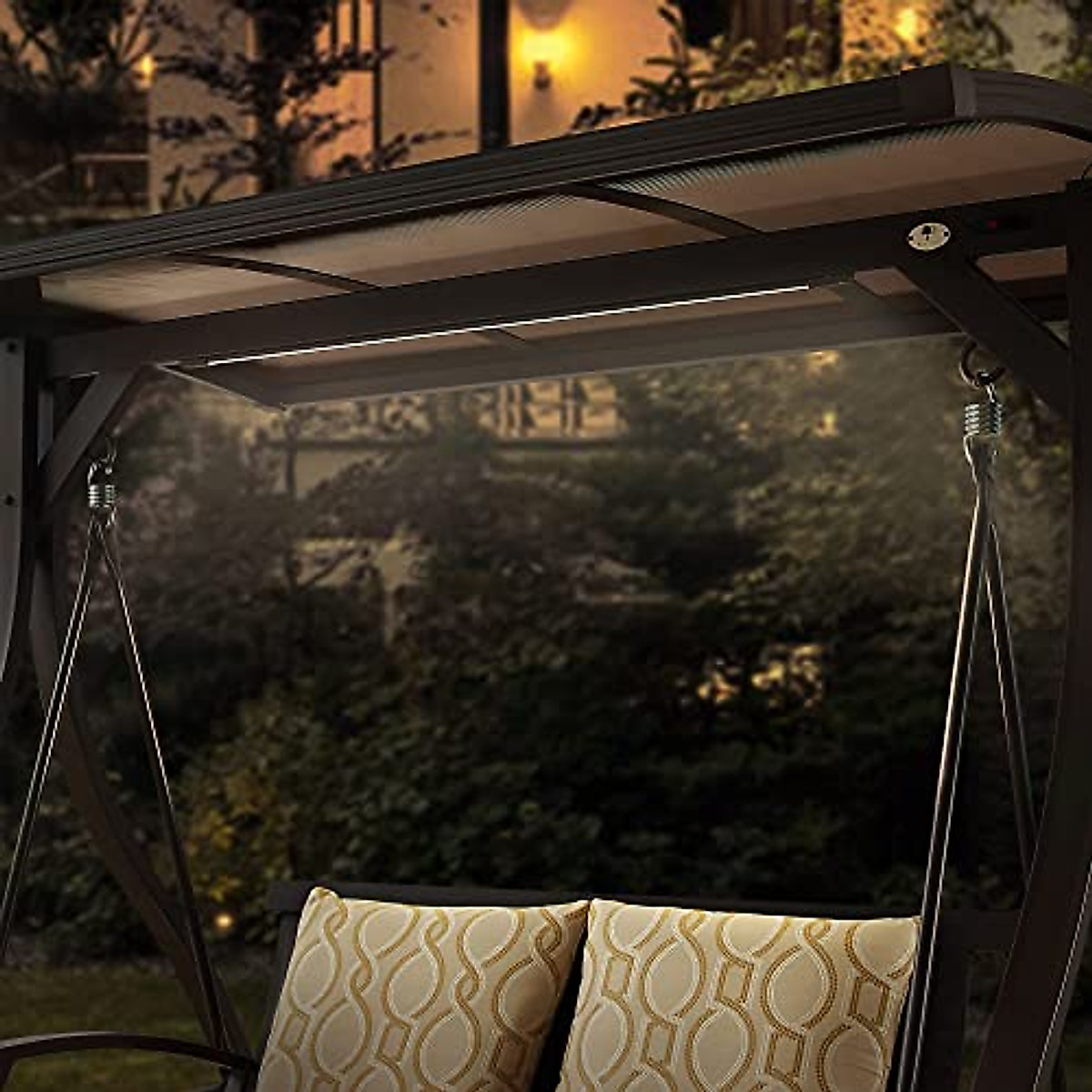 Ulax Furniture 2-Seat Outdoor Patio Swing Chair, Porch Swing Glider Chair with Convertible Canopy, Solar LED Light and Sunbrella Pillows for Poolside, Garden, Balcony, Backyard
