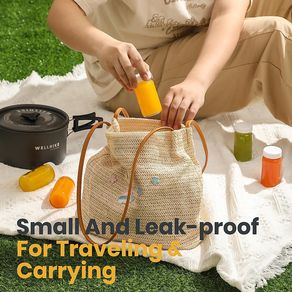 9 Pack 2 oz Glass Shot Bottles w/ White Lids & 9 Labels - Small Clear Jar for Ginger, Wellness Shot, Juice, Sample, Whiskey - Travel Essentials Mini Bottles - Wide Mouth, Leakproof, Dishwasher Safe