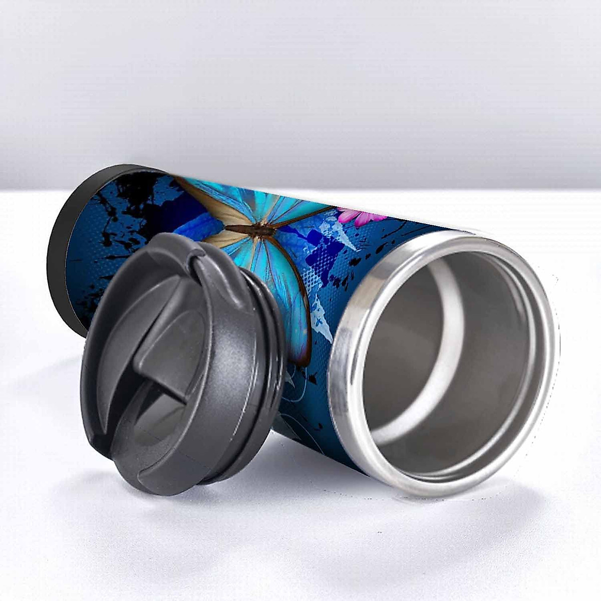 WONDERTIFY Floral Butterfly Coffee Cup Flowers Coffee Mug Stainless Steel Bottle Double Walled Thermo Travel Water Metal Canteen Blue Purple