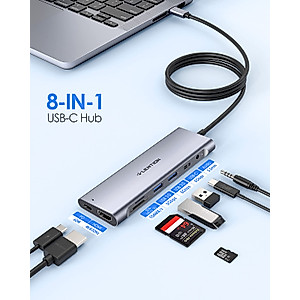 LENTION 3.3FT Long Cable USB C Hub with 4K HDMI, 2 USB 3.0, Card Reader, Aux, Type C Data/Charging Compatible 2023-2016 MacBook Pro, Mac Air/Surface, More, Stable Driver Adapter (CB-C37, Space Gray)