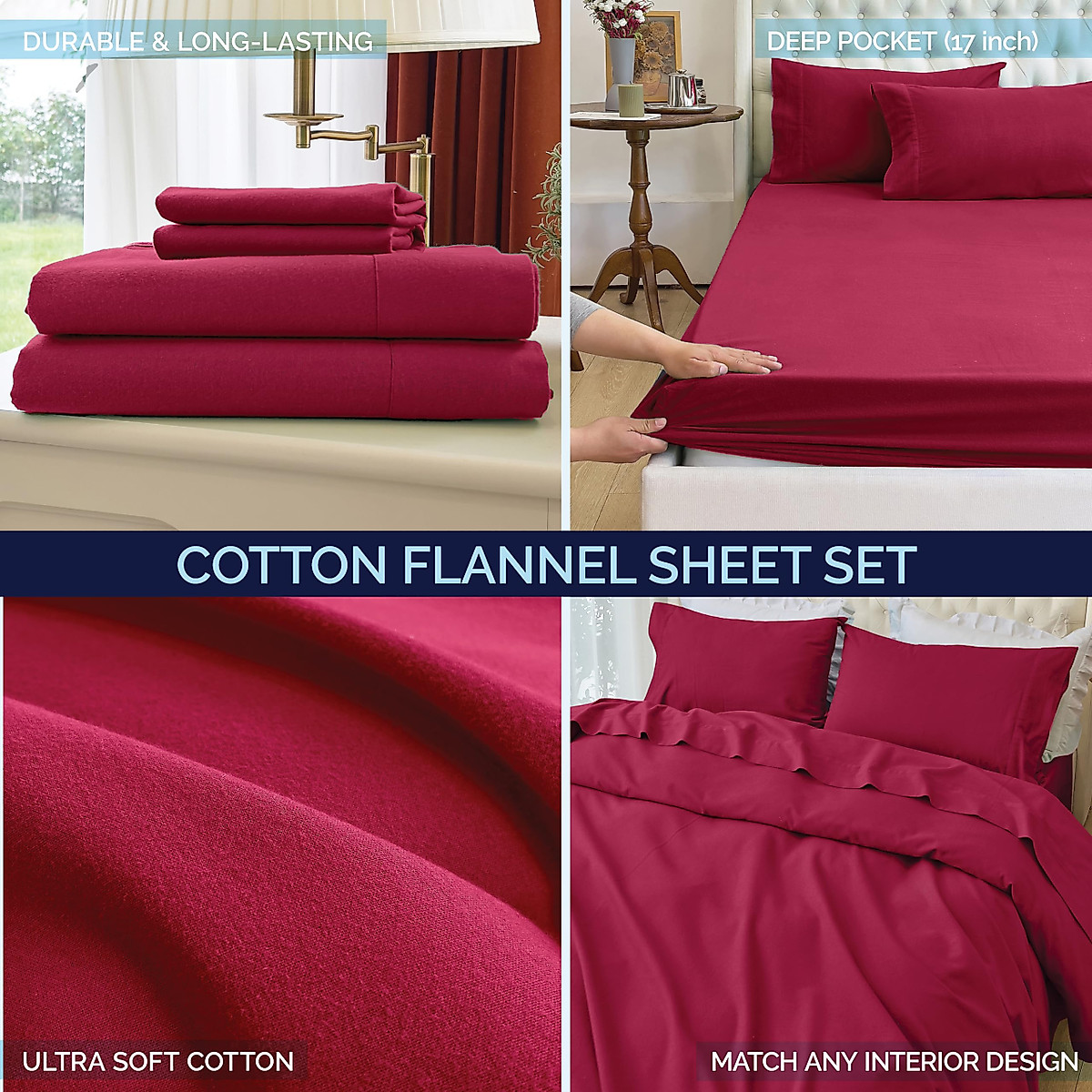 Elegant Comfort Soft 4-Piece 100% Turkish Cotton Flannel Sheet Set - Premium Quality, Deep Pocket Fitted Sheet, Ultra Soft, Cozy Warm Flannel Sheets - Full, Burgundy