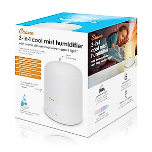 Crane Ultra-Quiet 3-in-1 Humidifier, Essential Oil Aroma Diffuser & Soothing Sleep Light - Compact 0.5 Gallon Capacity with Adjustable Night Light & Fragrance Tray - Ideal for Bedroom, Office, Nursery