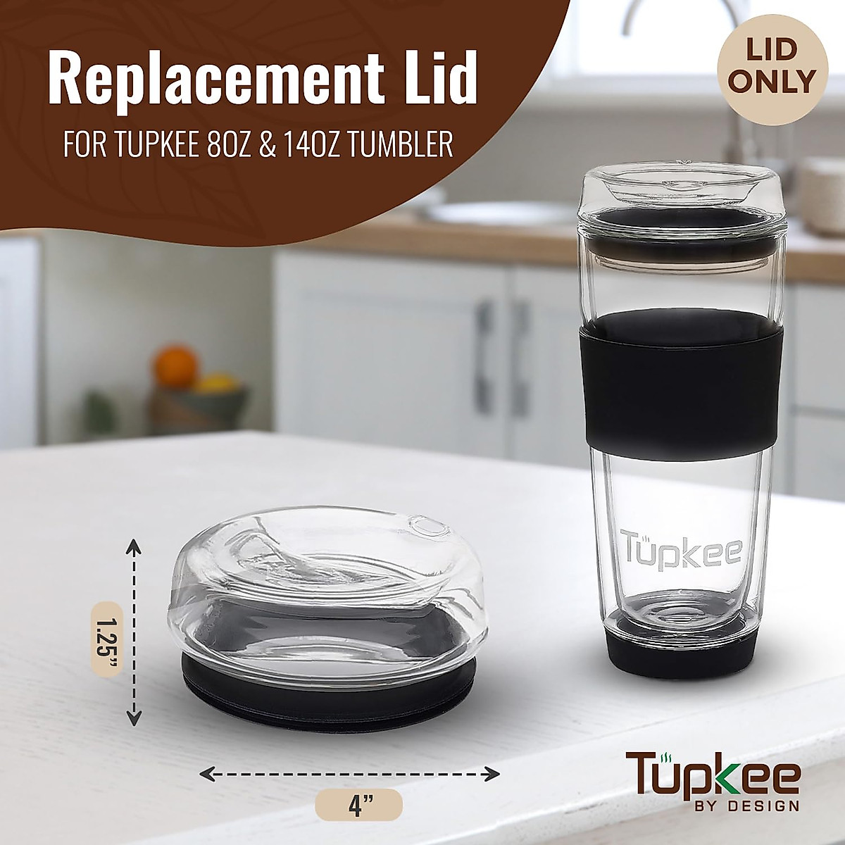 Tupkee Glass Sip Lid Black - Replacement for Tupkee Double Wall Glass Tumbler, 14oz & 8oz Hand Blown Glass Travel Mug