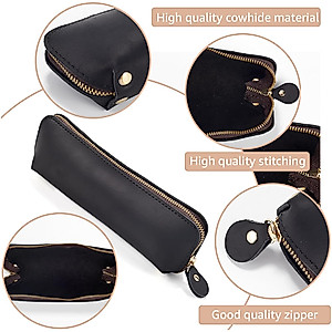 GORGECRAFT Leather Pencil Pouch Genuine Leather Pen and Pencil Case Large Capacity Crazy Horse Black Portable Rectangle Leather Pen Bags with Zipper for Men and Women Office Supplies Pen Case
