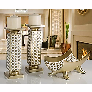 Creative Scents Schonwerk Diamond Lattice Decorative Bowl Table Centerpiece - Home Decor for Living Room, Centerpieces for Dining Room and Coffee Table (Gold & White)