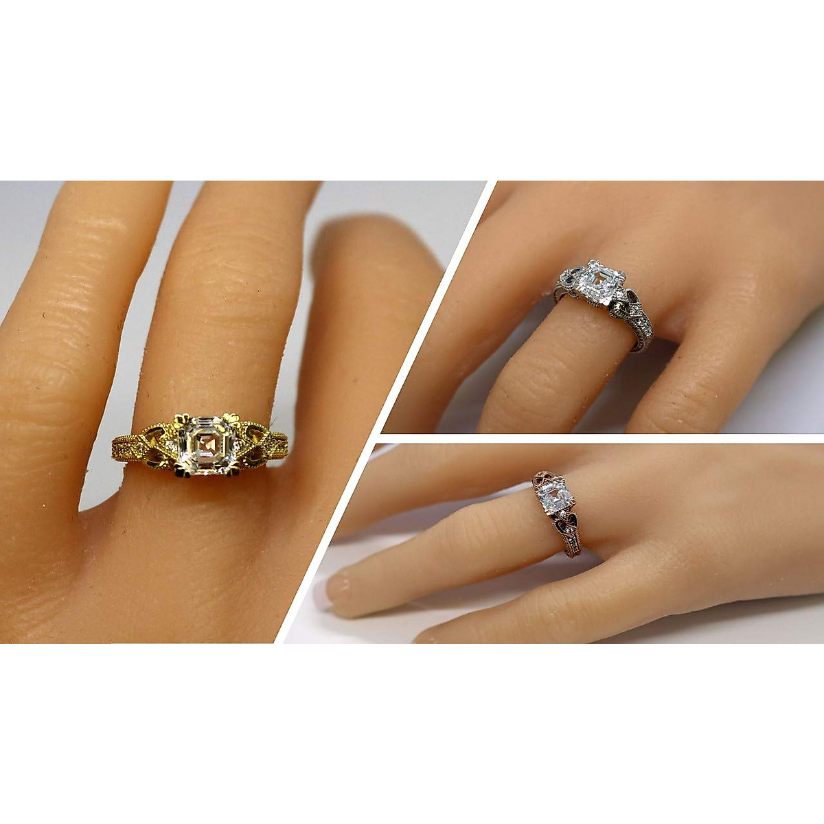 Central Diamond Center Asscher Cut Engagement Ring, Pure Brilliance Cubic Zirconia, Vintage Look - Platinum Plated - Size 9