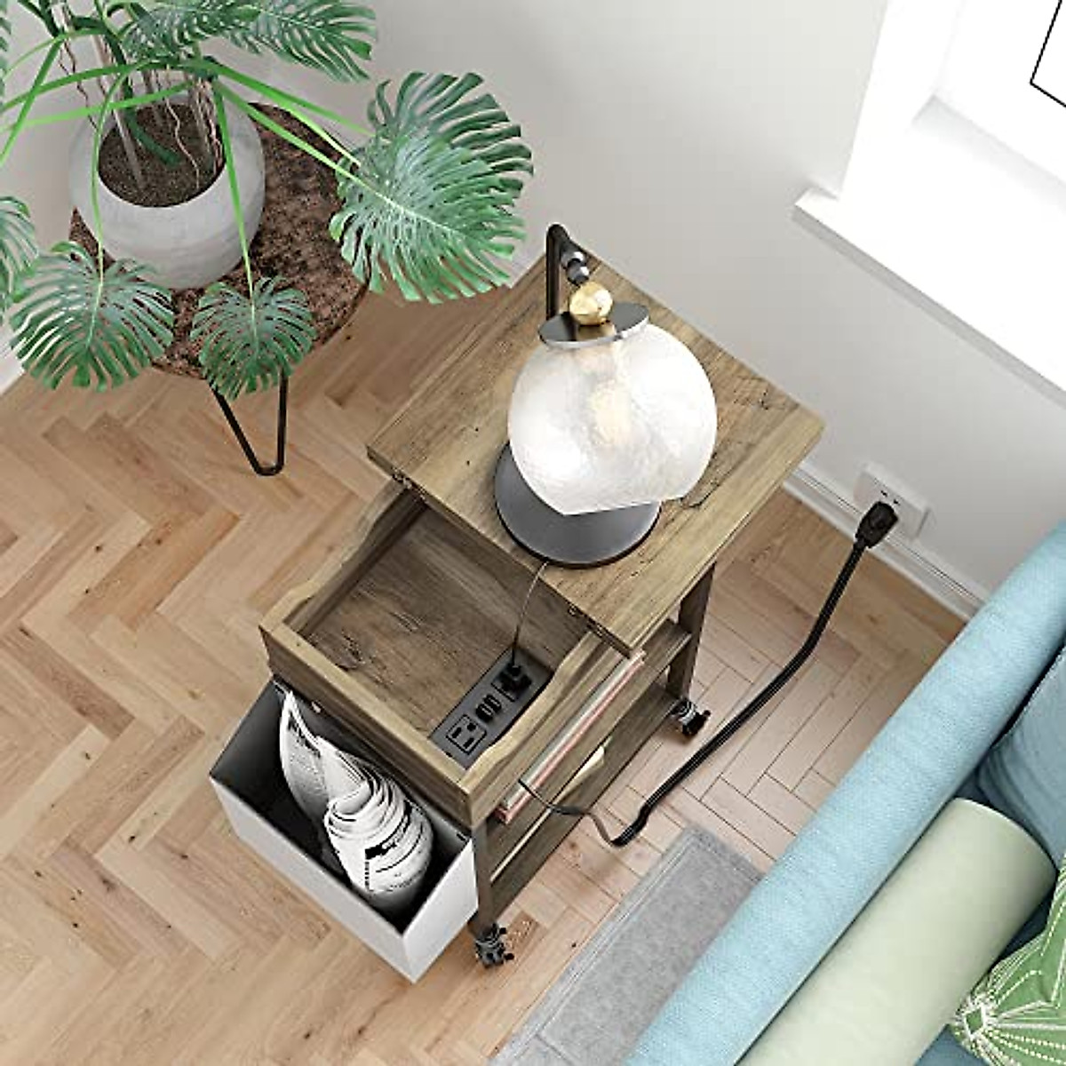 Fameill Narrow End Table with Charging Station Flip Top Bedside Tables for Small Spaces Living Room Bedroom Mobile Sofa Side Table with Storage Shelf for Living Room Bedroom,Greige