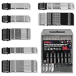 MNA Multi-Purpose Jig-Saw Blades, 50 Pieces, Assorted Jig Saw Kit Value Pack for Wood, Plastic and Metal Cutting with Carry Case