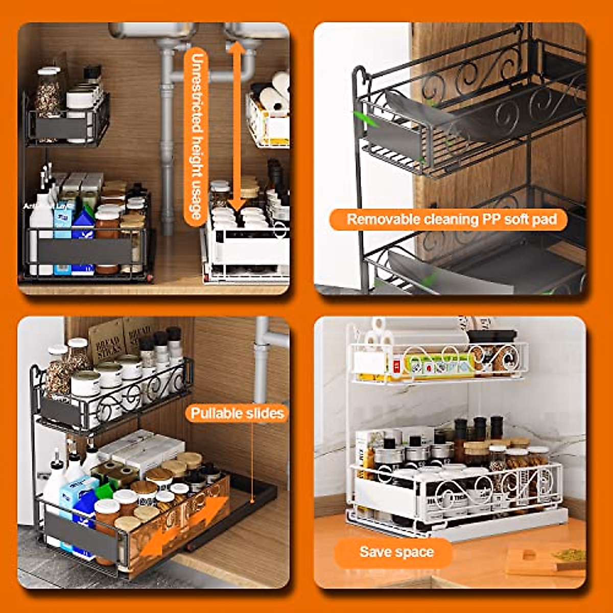 Under Sink Organizer - 2 Tier Bathroom Countertop Organizer Under Cabinet Storage for Kitchen, Under Sink Sliding Shelf Organizer Rack, Multi-Use Under Kitchen Sink Organizers 33.5*26.5*37.5cm,White