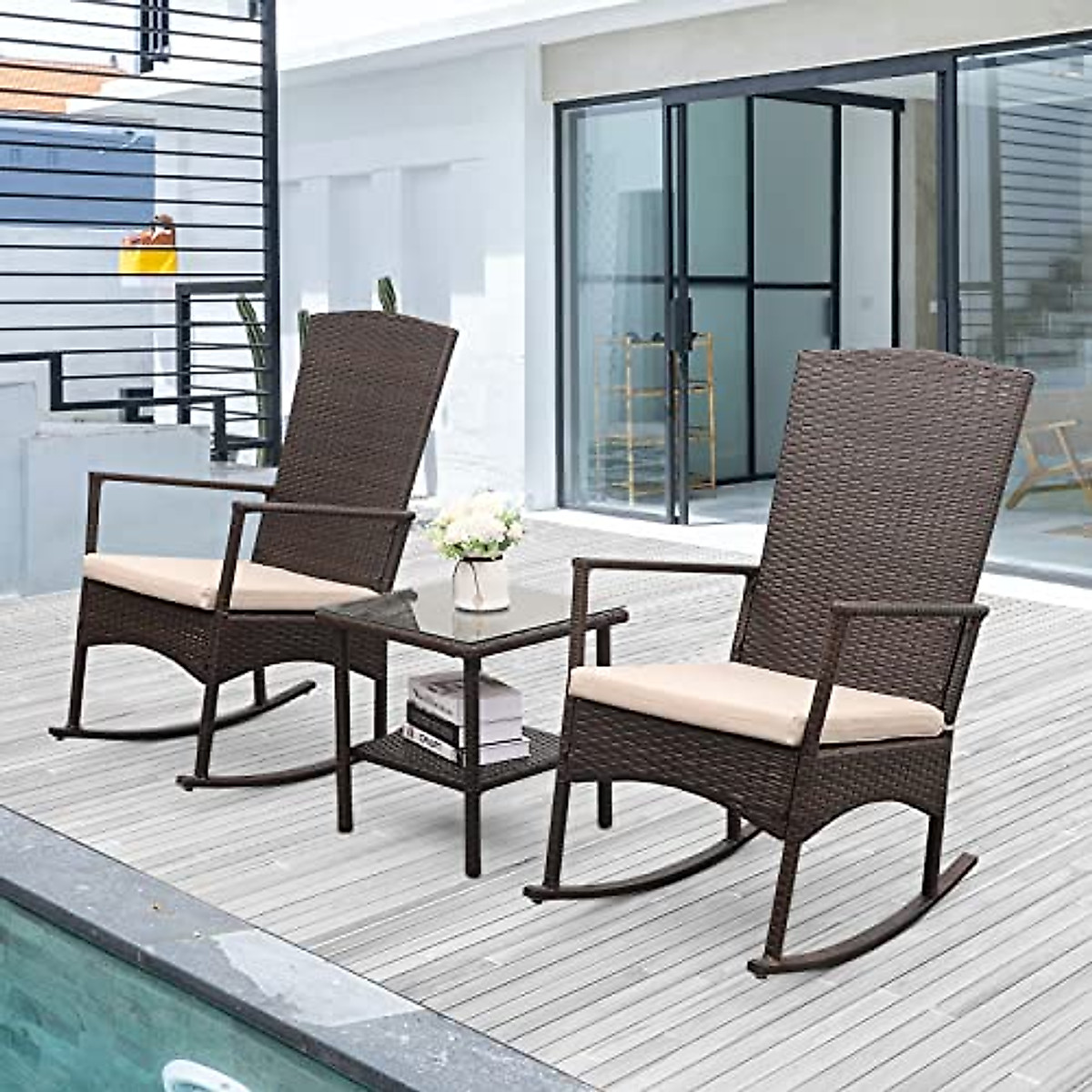 Outdoor PE Wicker Rocking Chair 3-Piece Patio Rattan Bistro Set 2 Rocker Armchair and Glass Coffee Side Table Furniture Washable Lacing Khaki Cushions