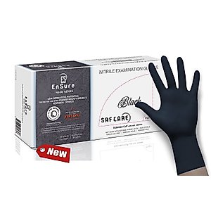 SAF-CARE EnSure Low Derma Gray Black Nitrile Exam Medical Disposable Gloves, Chemo Rated, Powder Free, Latex Free, Non Sterile, 5 Mil, Dental, Food Safe, Textured FingerTips, Extended Cuff