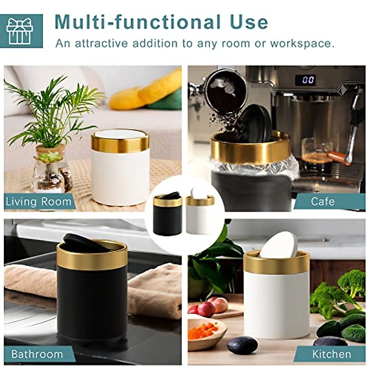 JILLICK Small Trash Can with Lid, Mini Desk Trash Can, 1.5 Liter / 0.4 Gallon Small Metal Garbage Can for Countertop Coffee Bar, Black