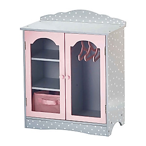 Olivia's Little World Polka Dot Princess Wooden Shaker-Style Double Closet for 18" Doll Wardrobes with Windowed Doors, Three Shelves, Hanging Space with Hangers, Gray/Pink