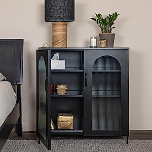 Creative Co-Op Solstice Wide Metal 2 Adjustable Storage Shelves and Arched Glass Door, Black Accent Cabinet, 40"
