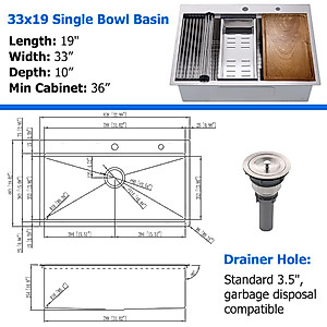 33-inch Drop in Kitchen Sink Workstation, BoomHoze 33x19 Topmount Drop-in Kitchen Sink 16 Gauge Stainless Steel Kitchen Sink Handmade Single Bowl Deep Kitchen Sink with Cutting Board