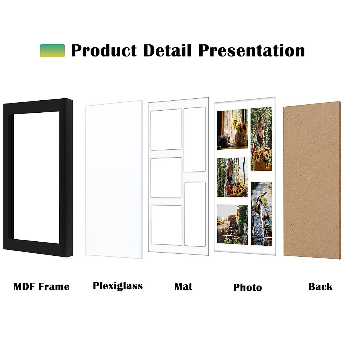 DUENPY 11x14 Collage Picture Frame, 4x6 Collage Picture Frame，Displays Five 4x6 inch Photos, or 11x14 (Without Mat) Available for Horizontal and Vertical Display，Black.