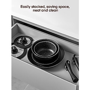 FOHERE 8pcs Pots and Pans Set with 2 Detachable Handles, Aluminum Nonstick Cookware Set, Induction Pan Set, RV Cookware Set, Oven Safe, Stackable