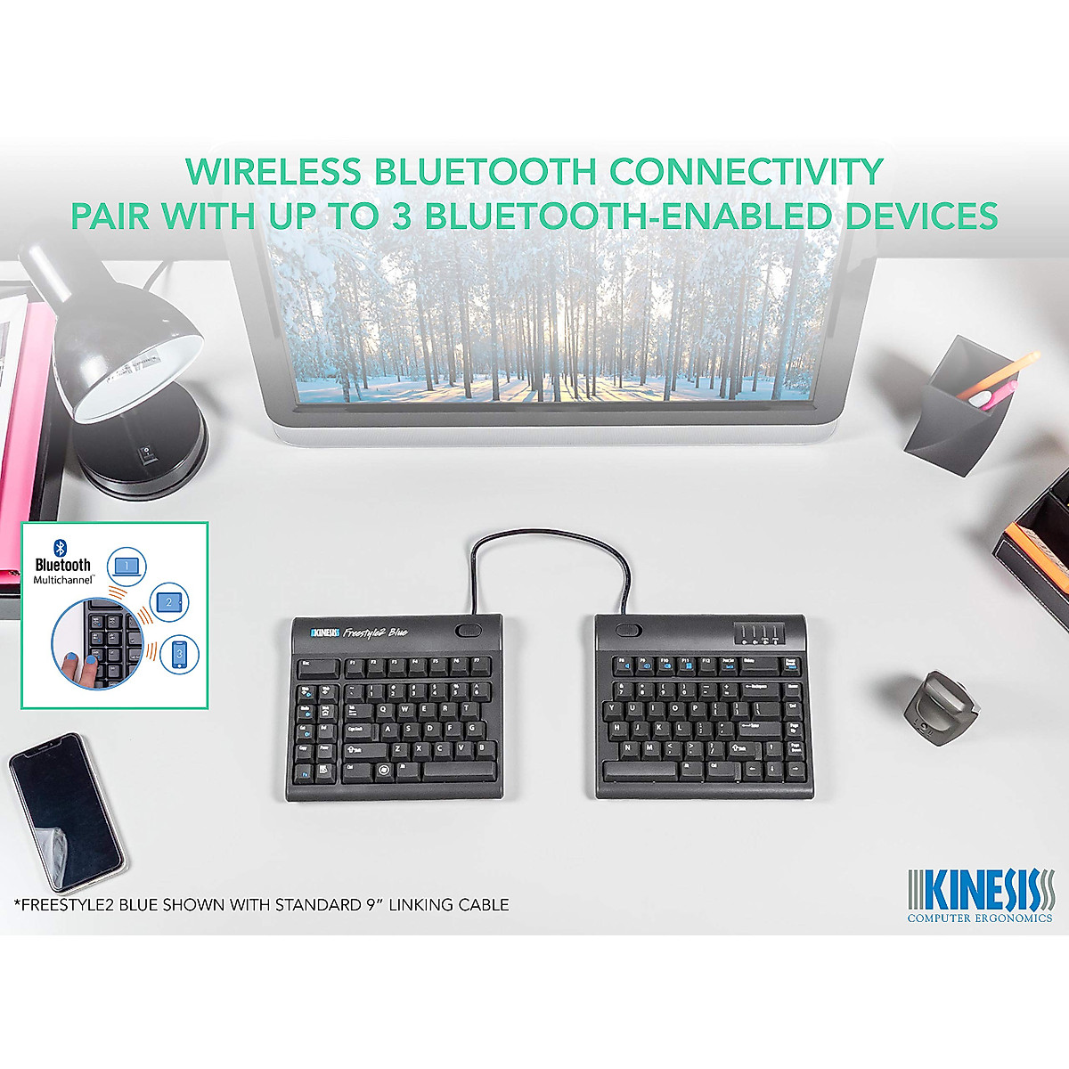 KINESIS Freestyle2 Blue Wireless Ergonomic Keyboard for PC (9" Separation), Dark Gray