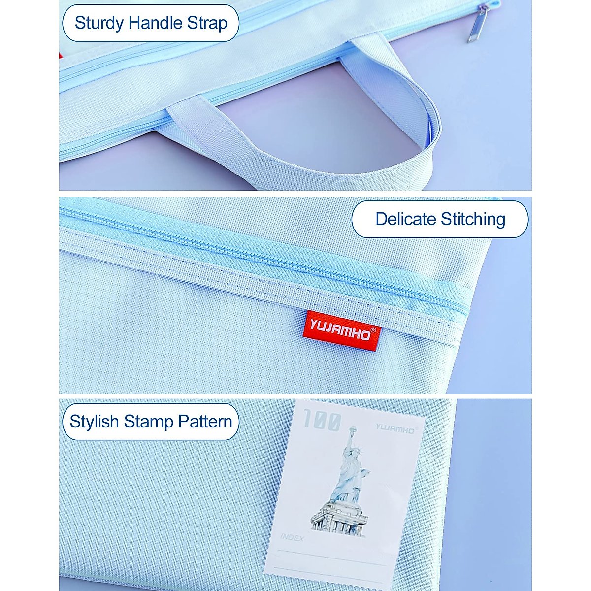 Pendancy Mesh Zipper Pouch 11x13.7 in, Large Double Pocket Waterproof File Bag with Handle, A4 Size Foldable Document Storage for Puzzle Project/Cross Stitch/Travel/Office（Blue）