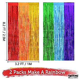 PatiCool Rainbow Tinsel Foil Fringe Curtain Backdrop - Thicken 4 Pack 3.2 x 8.2 Ft - Glitter Rainbow Door Streamers Party Backdrop Decorations for Birthday, Baby Shower, Fiesta, Mexican, Pride Party