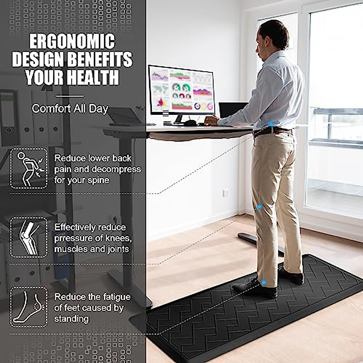 WEZVIX Non-Skid Kitchen Rugs and Mats Waterproof, Anti Fatigue Kitchen Mat 2 PCS, 1/2 Inch Thick Kitchen Floor Mat, Ergonomic Comfort Foam Standing Mat for Floor, Office, Sink, Laundry - Black