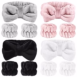 SLNZAPTY 12 PCS Face Wash Headband Wristband Set for Women Girls, Soft Microfiber Facial Spa Hair Wraps Makeup Skincare Bath Headbands Wrist Bands for Washing Face（White, Pink, Gray, Black）
