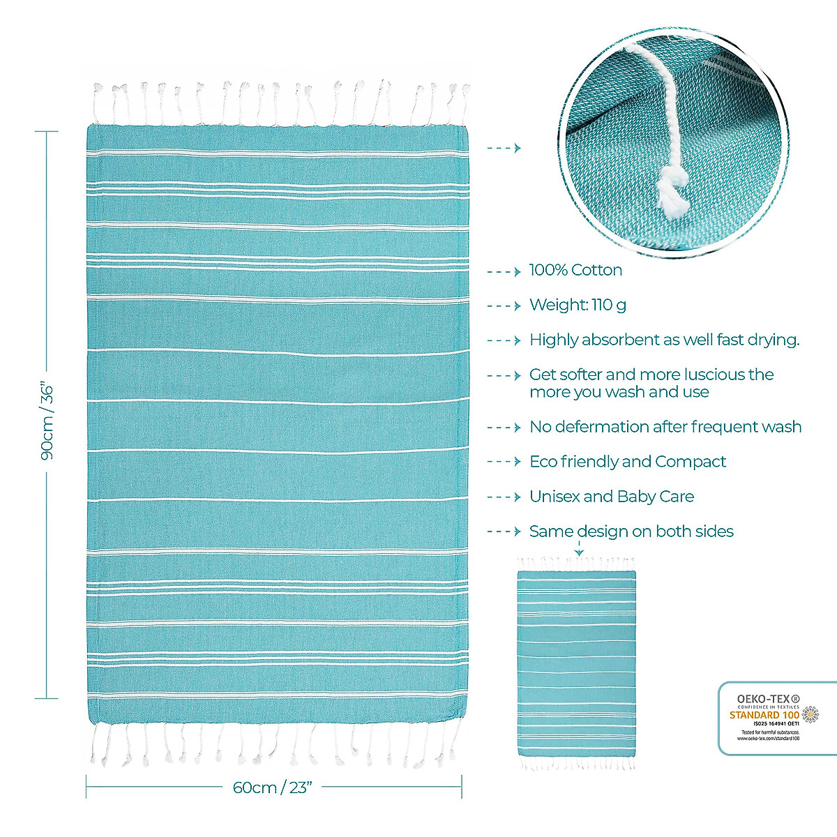 Cacala 100% Turkish Cotton Kitchen Tea Towels, Highly Absorbent Luxury Soft Quick Drying Dish Towel with Hanging Loop for Gym, Yoga, Bath, Sports, Cleaning and Kitchen (23 x 36), Aqua