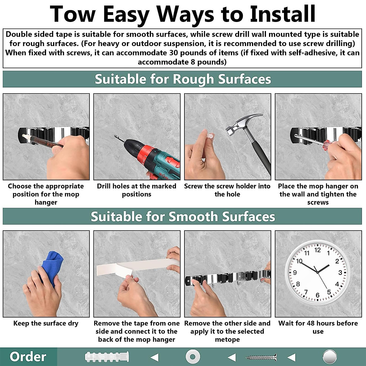 Generic Broom Gripper - Mop Hanger | Wall Mounted Broom Holder | Broom Organizer Storage Tool | Stainless Steel Mop Rack | Broom Hanger Gripper | Mop and Broom Holder | Broom Gripper Mop hook, Black