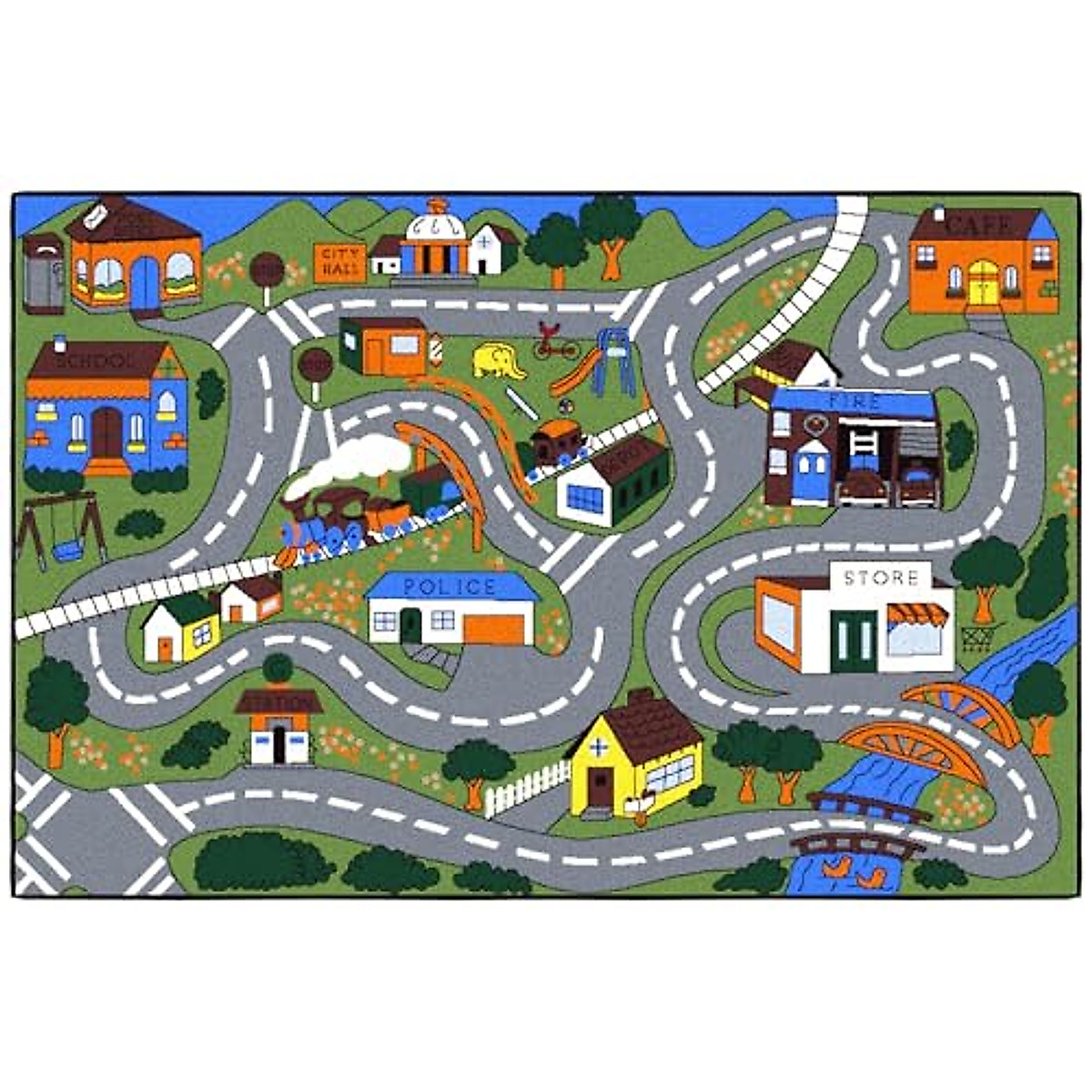 Ottomanson Jenny Collection Non-Slip Rubberback Educational Town Traffic Play Design 3x5 Kid's Area Rug, 3'3" x 5', Green/Multicolor