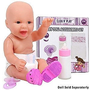 Click N' Play Baby Girl Doll Caring and Feeding Accessories Set (Doll not Included) - Doll Accessories - Baby Doll Stuff - Baby Doll Bottles with Disappearing Milk - Baby Doll Accessories Set, Pink